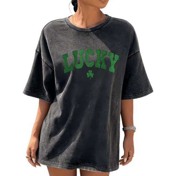 Black Washed Print Tshirt Green Lucky Letter Small Four Leaf Clover ...