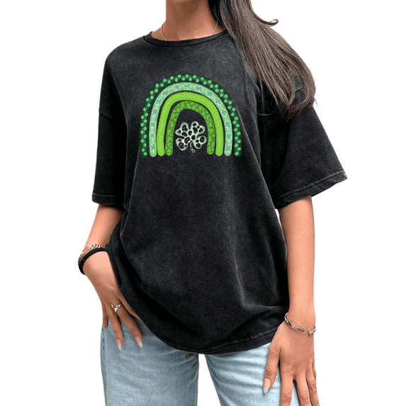 Black Washed Print Tshirt Green Rainbow Four Leaf Clover Graphic Tees ...