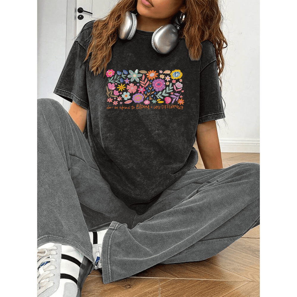 Black Washed Print Tshirt Multicolor Floral Uplifting Graphic Tees ...