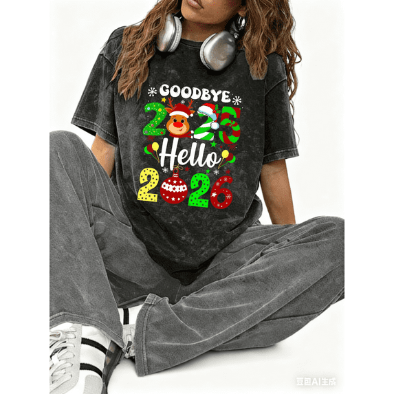 Black Washed Print Tshirt Multicolor Goodbye 2025 Hello 2026 Reindeer Santa Graphic Tees Shirts ...