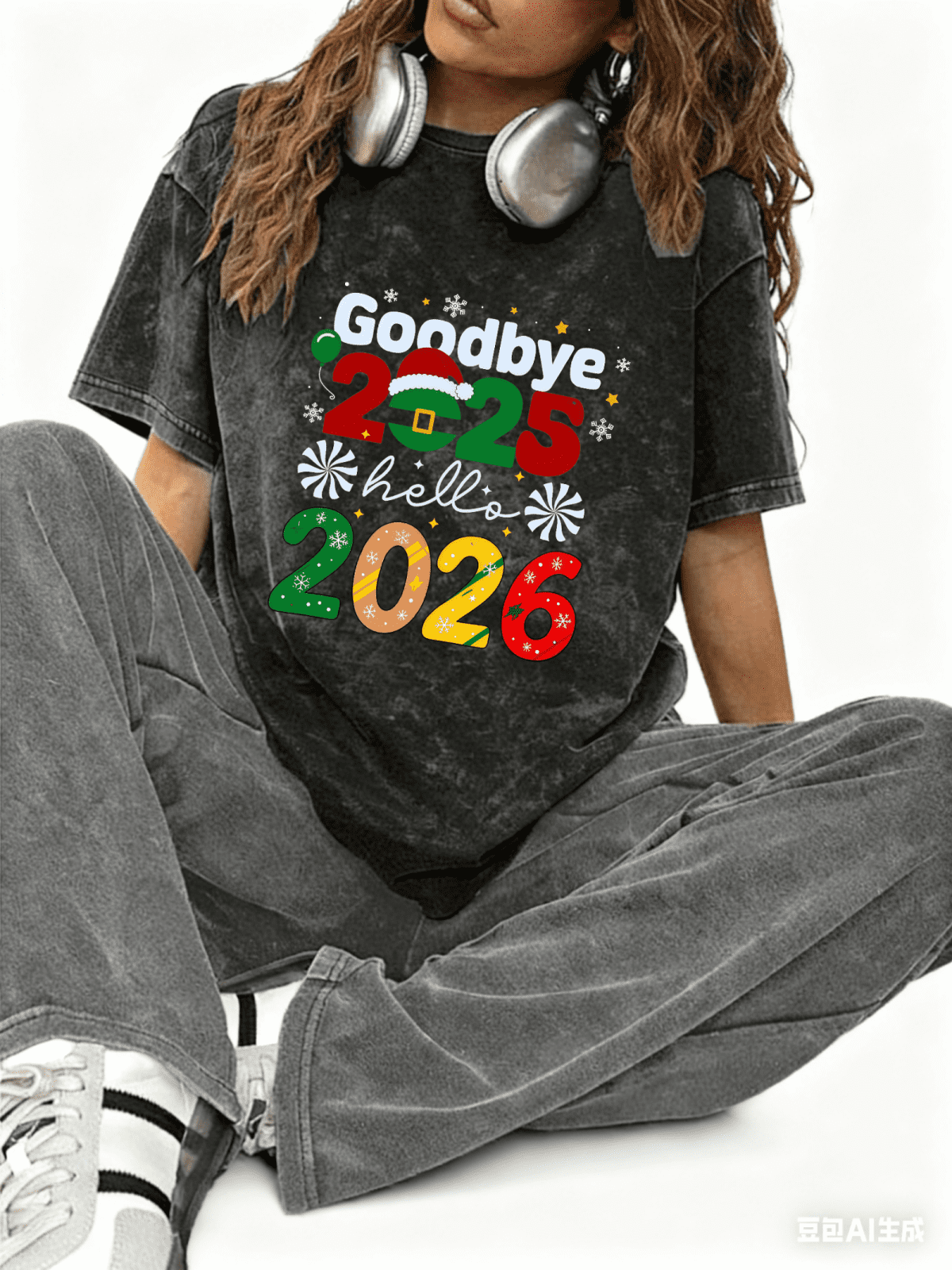 Black Washed Print Tshirt featuring Multicolor Goodbye 2025 Hello 2026 ...