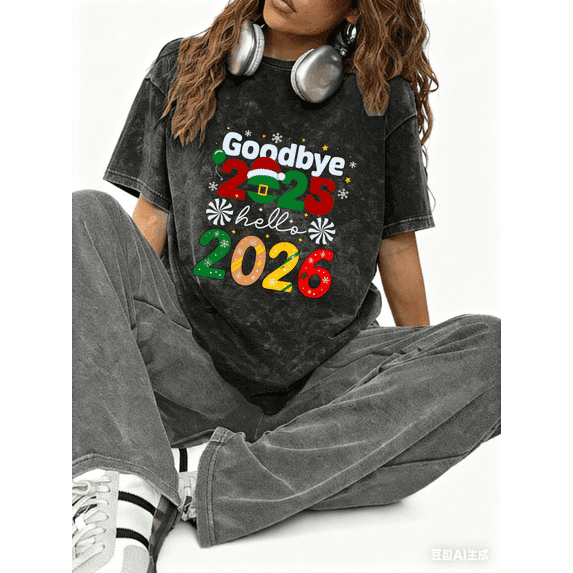 Black Washed Print Tshirt featuring Multicolor Goodbye 2025 Hello 2026 ...