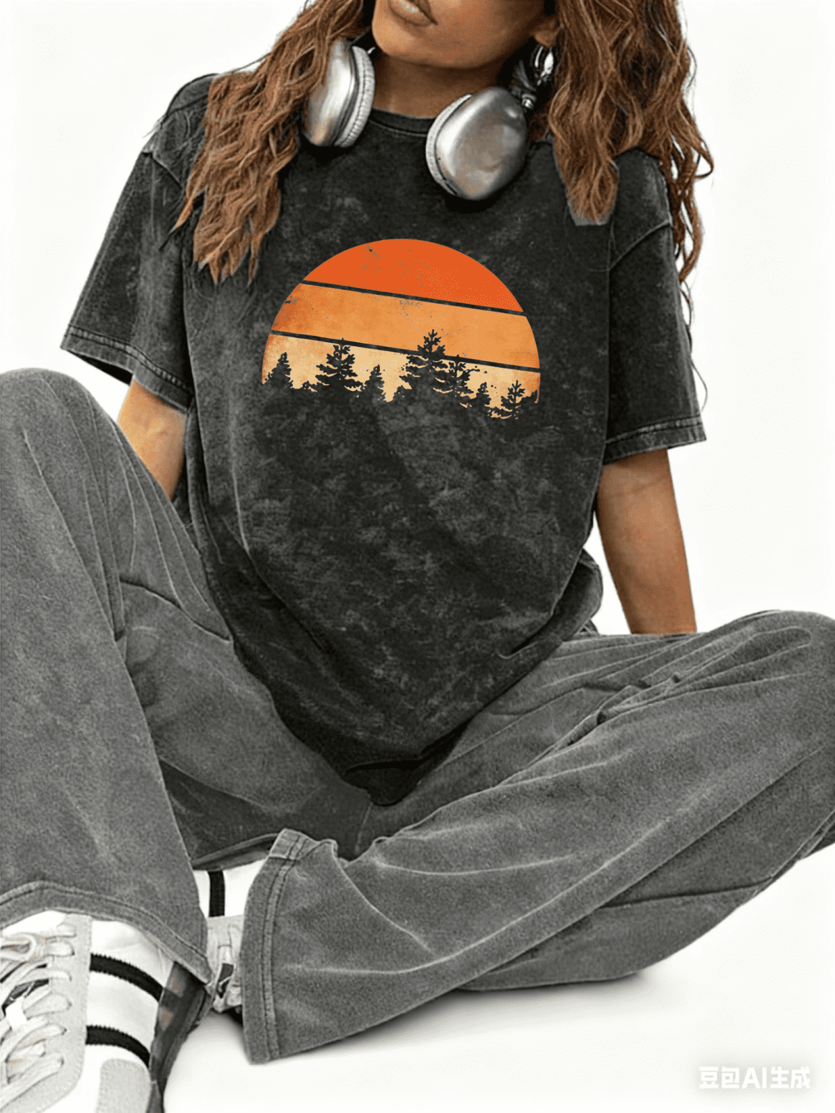 Black Washed Retro Sunset & Pine Tree Print Tshirt Graphic Tees Shirts ...
