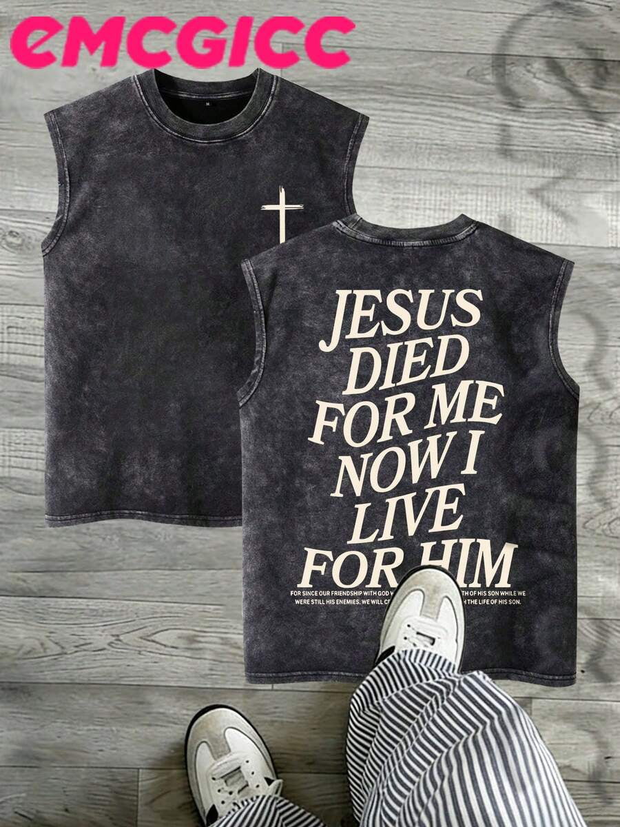 Black Washed Sleeveless Printed Vest, Y2K Streetwear Mens Cotton Muscle ...