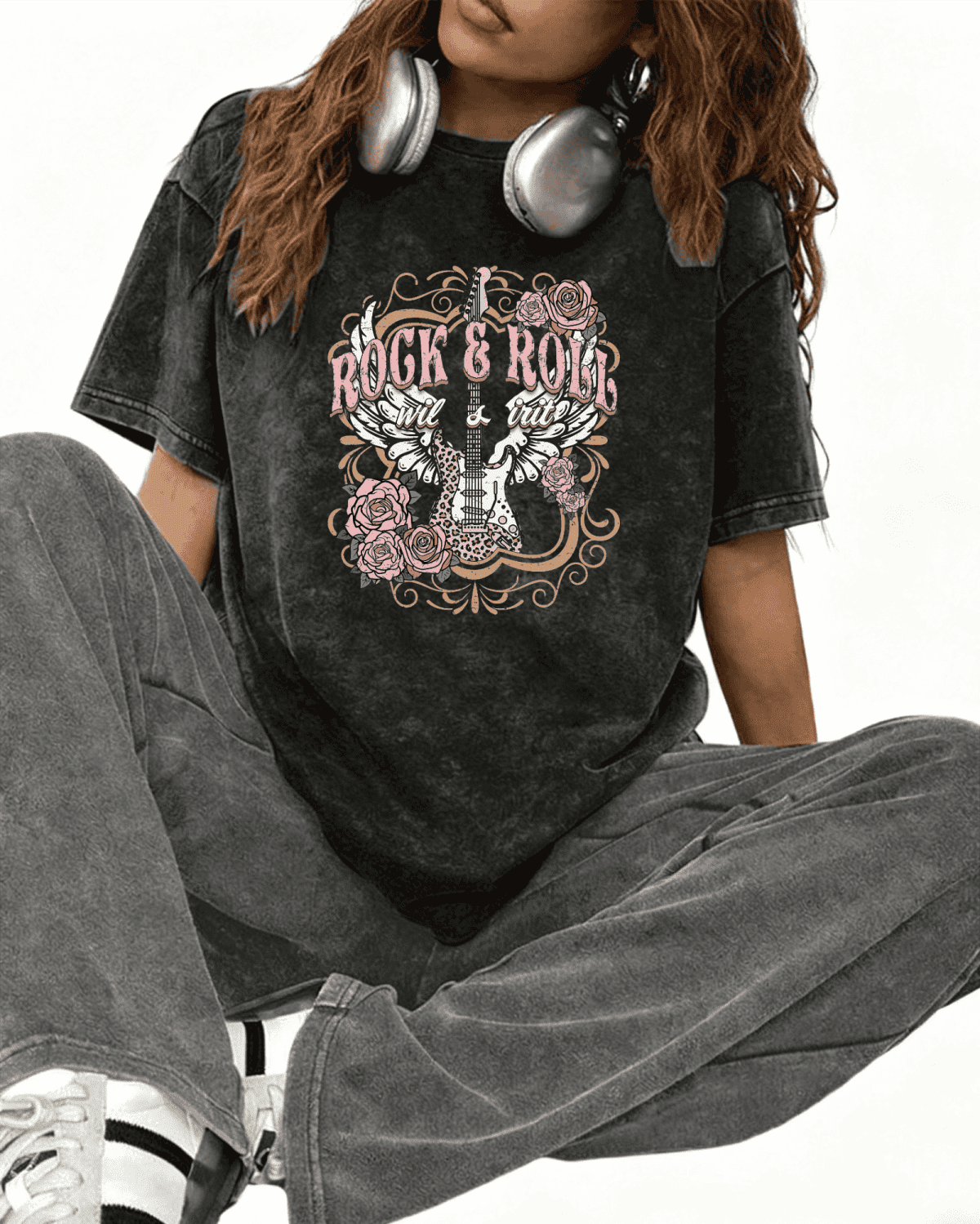 Black Washed Trendy Print Tshirt Multicolor Rock & Roll Guitar Rose ...