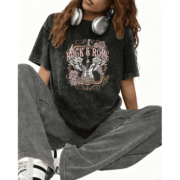 Black Washed Trendy Print Tshirt Multicolor Rock & Roll Guitar Rose ...
