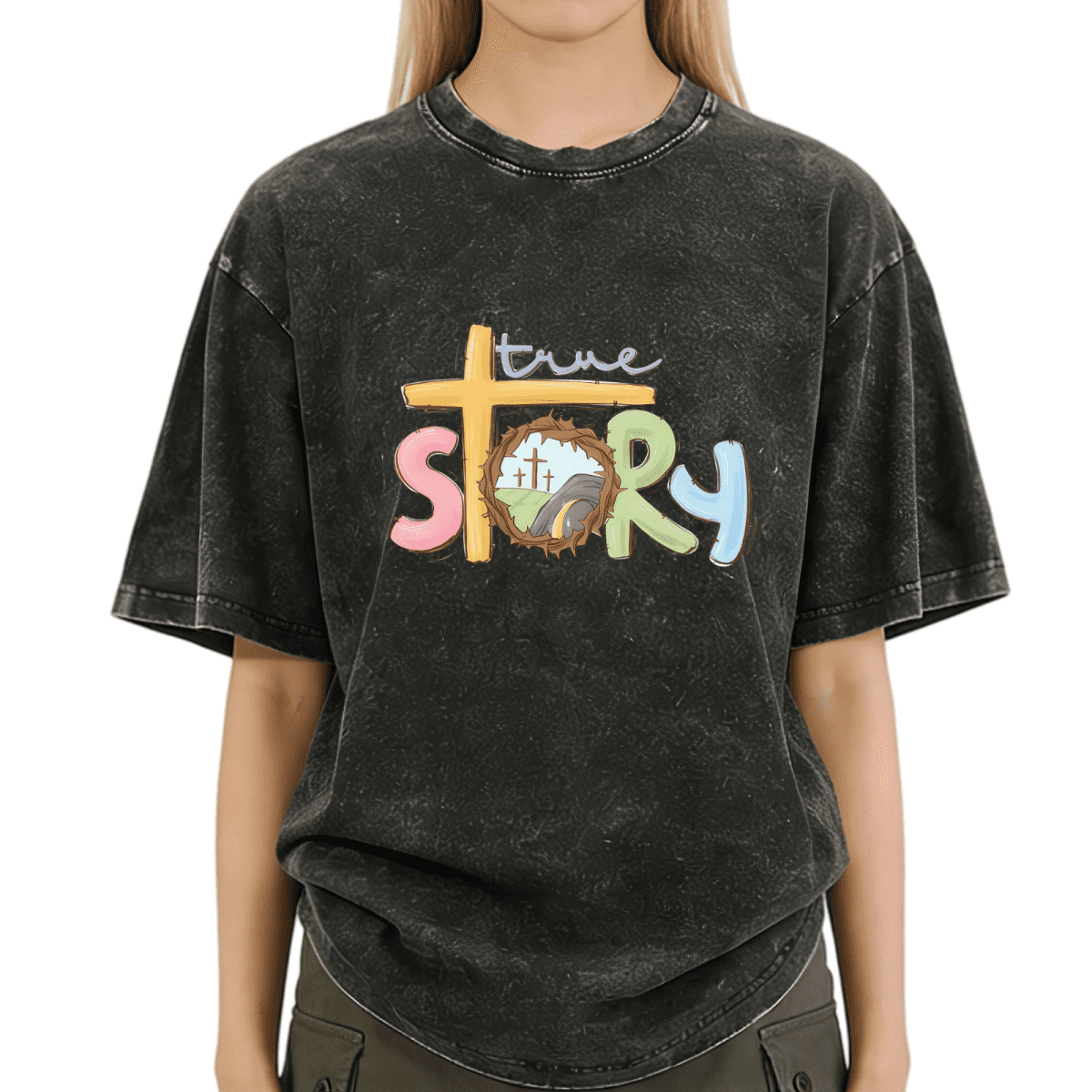 Black Washed True Story Crown Of Thorns Print Tshirt Graphic Tees ...