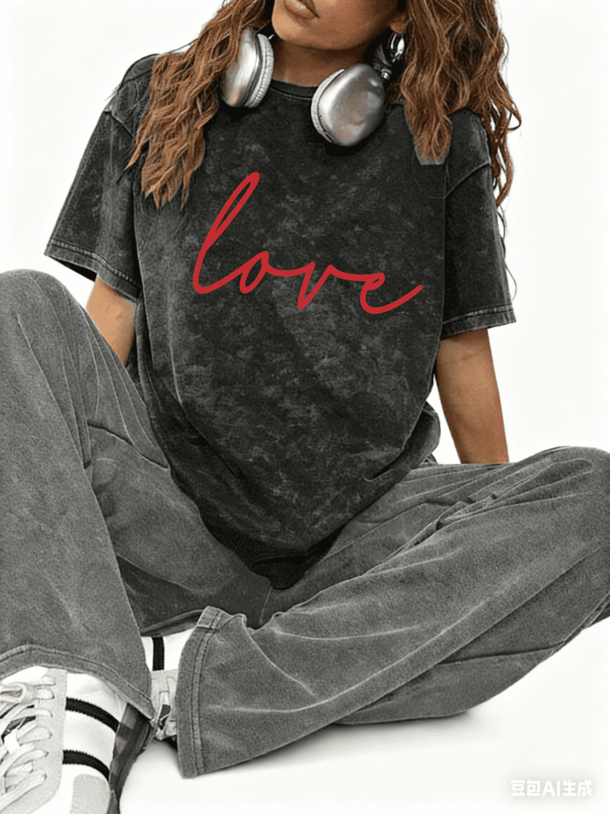 Black Washed Tshirt Women Graphic Tees Red Cursive LOVE Print Shirts ...