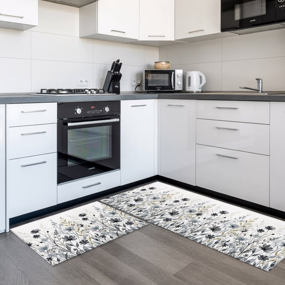 Black Watercolor Floral 2 Pieces Non-Slip Kitchen Mat Set, Flower ...