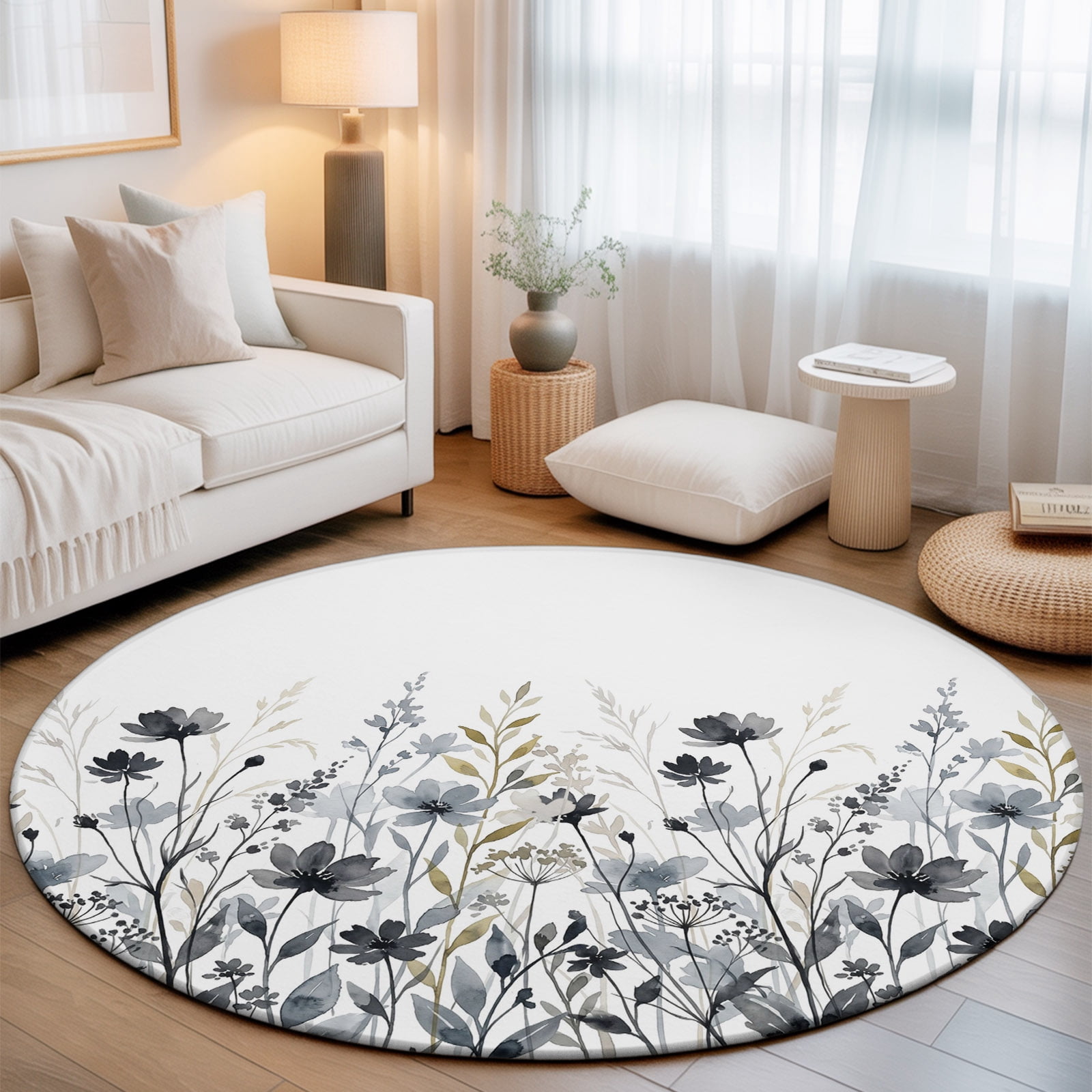 Black Watercolor Floral 5' Round Rug for Dining Table for 4 People ...