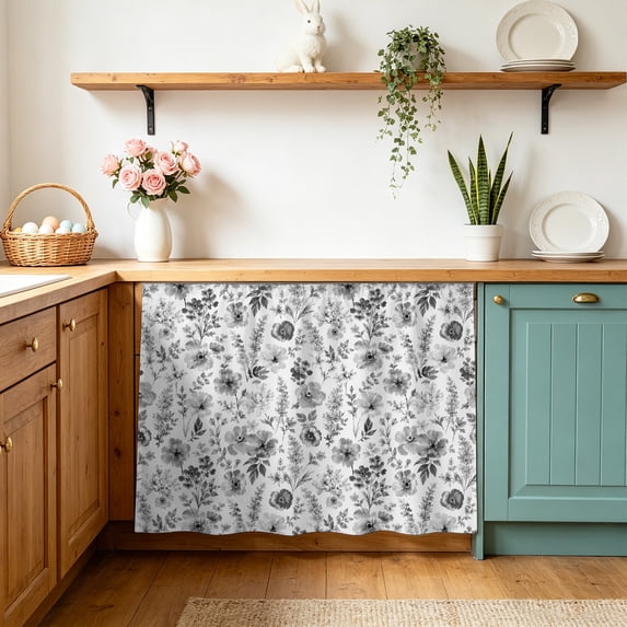 Black Watercolor Floral Cabinet Curtains 28" W x 35" L Vintage ...