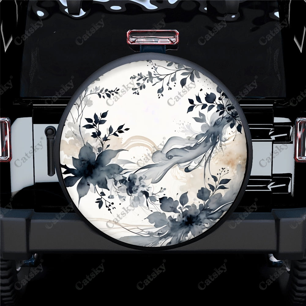 Black Watercolor Floral Polyester Universal Spare Wheel Tire Cover ...