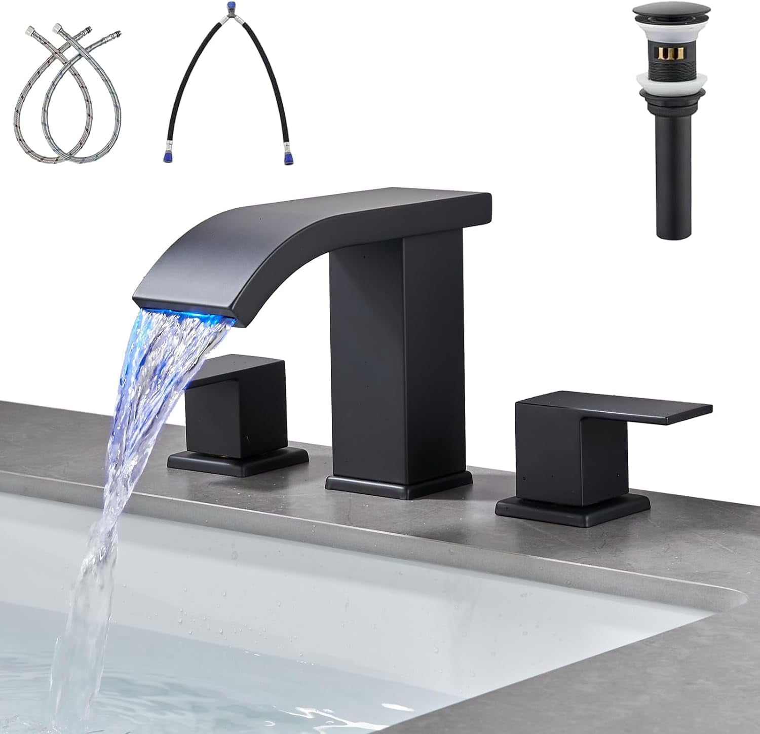 Black Waterfall Bathroom Faucet with LED Light - 3 Holes 8-Inch ...