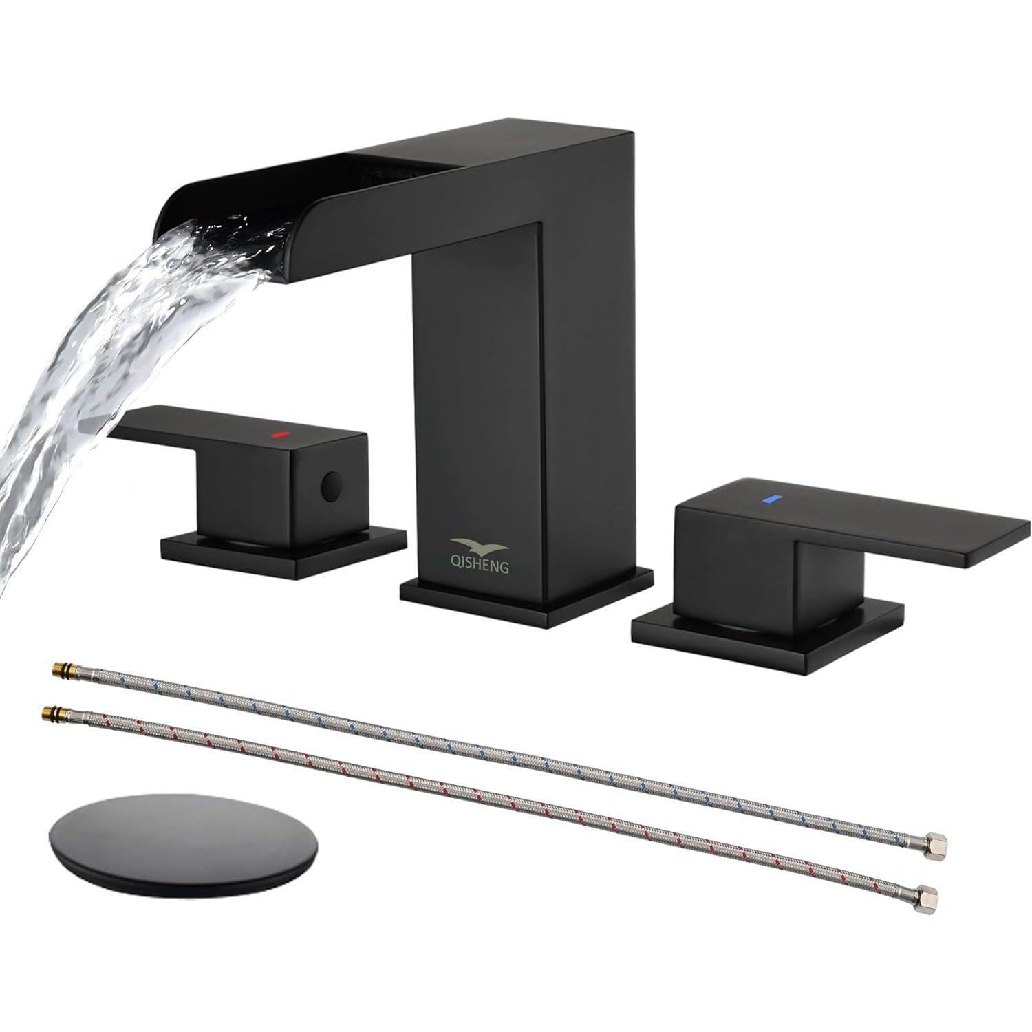 Black Waterfall Bathroom Faucets 3 Hole, 2 Handles 8 Inch Widespread ...