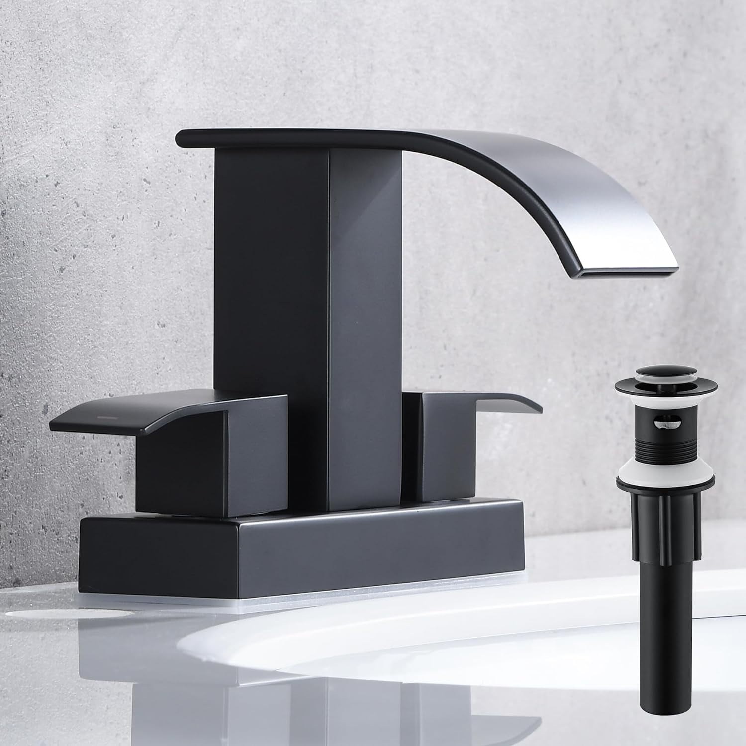 Black Waterfall Bathroom Sink Faucet with Pop up Sink Drain Stopper ...