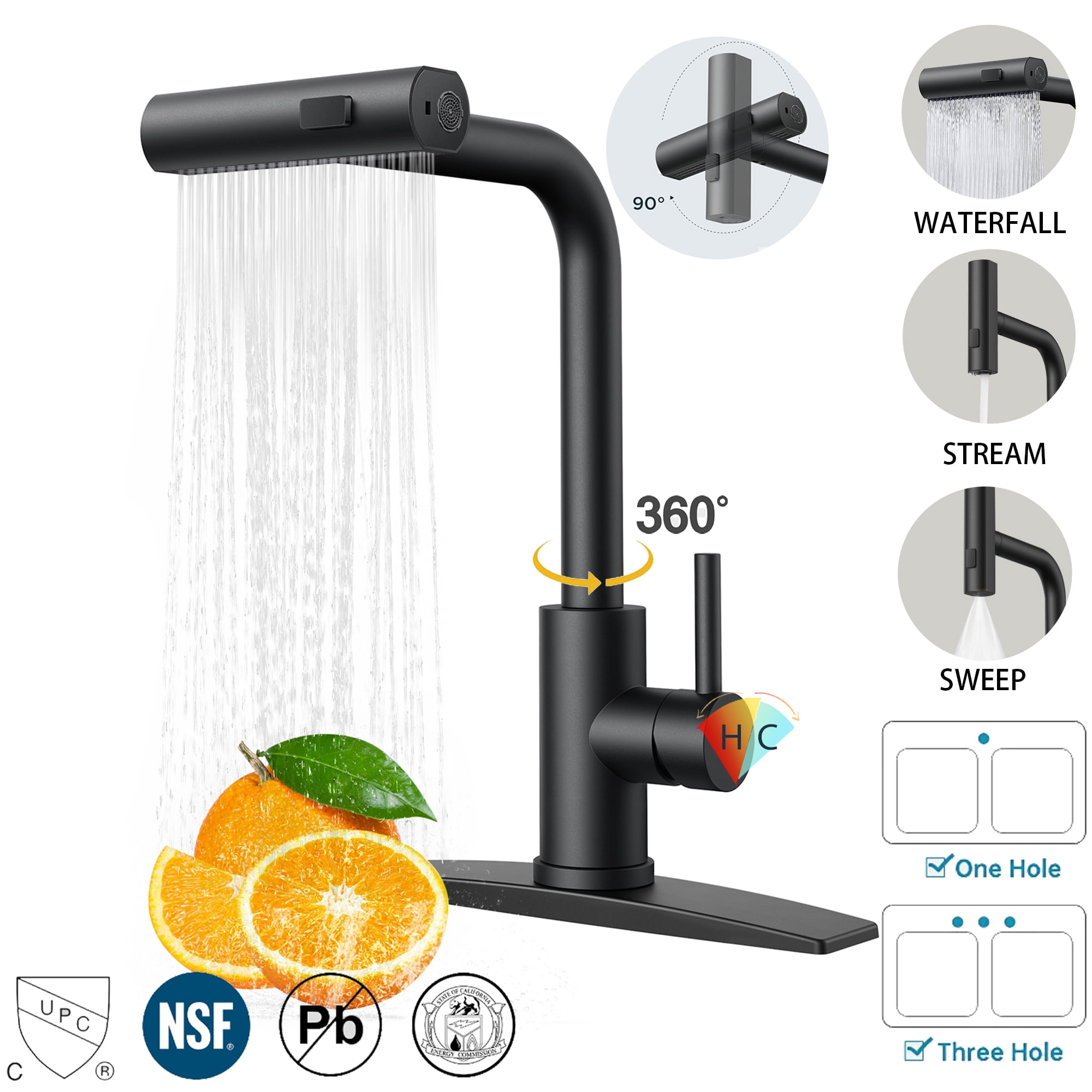 Black Waterfall Kitchen Faucet with Pull Down Sprayer(3 Modes) Rotary ...