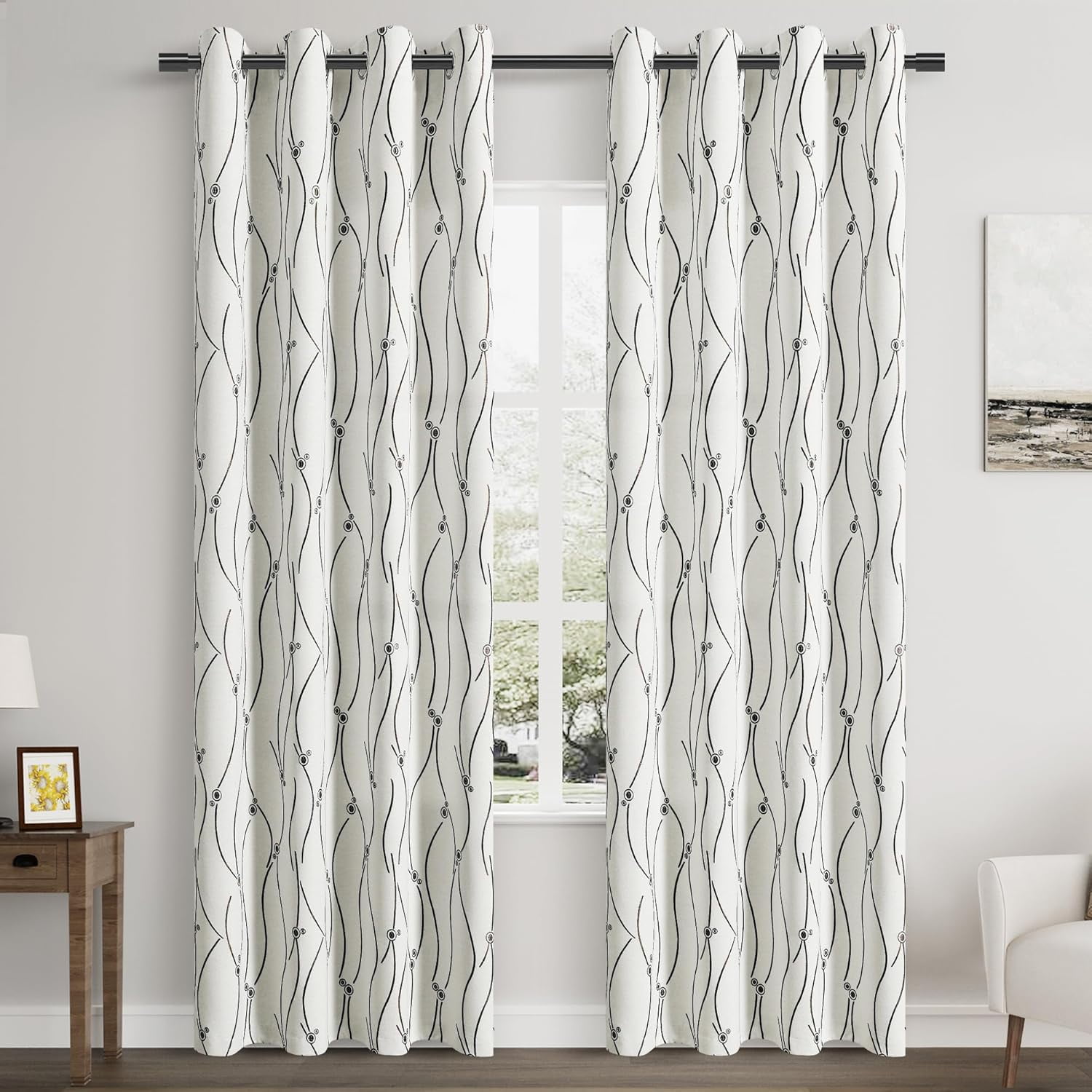 Black Wave Line with Dots Pattern Embroidered Grommet Drapes, Cream ...