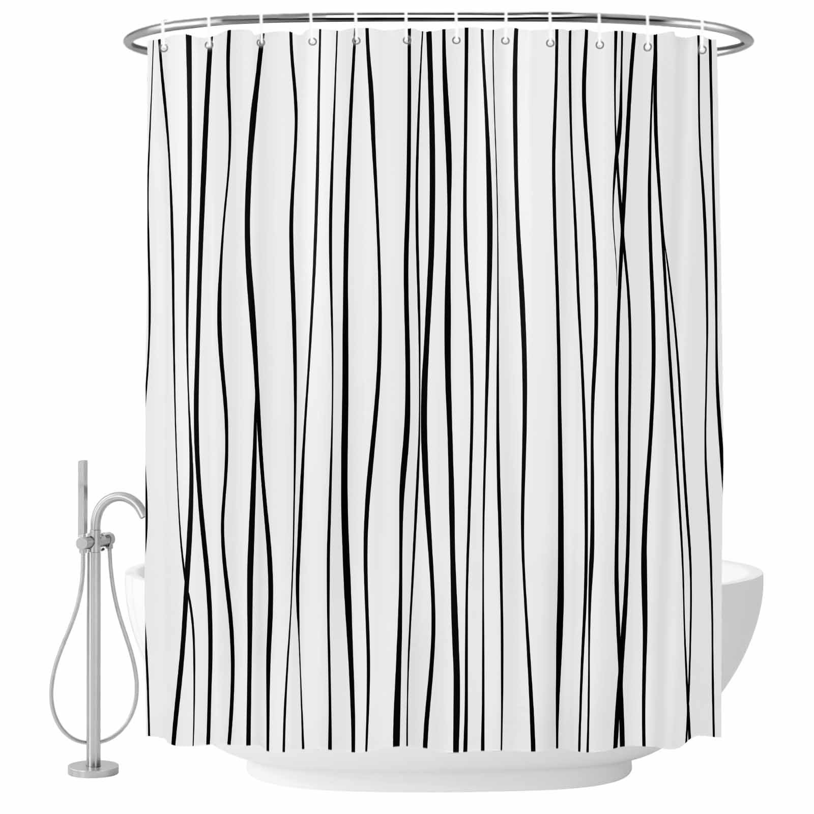 Black Wave Lines Bathroom Shower Curtains with Hooks, Art Minimalist ...