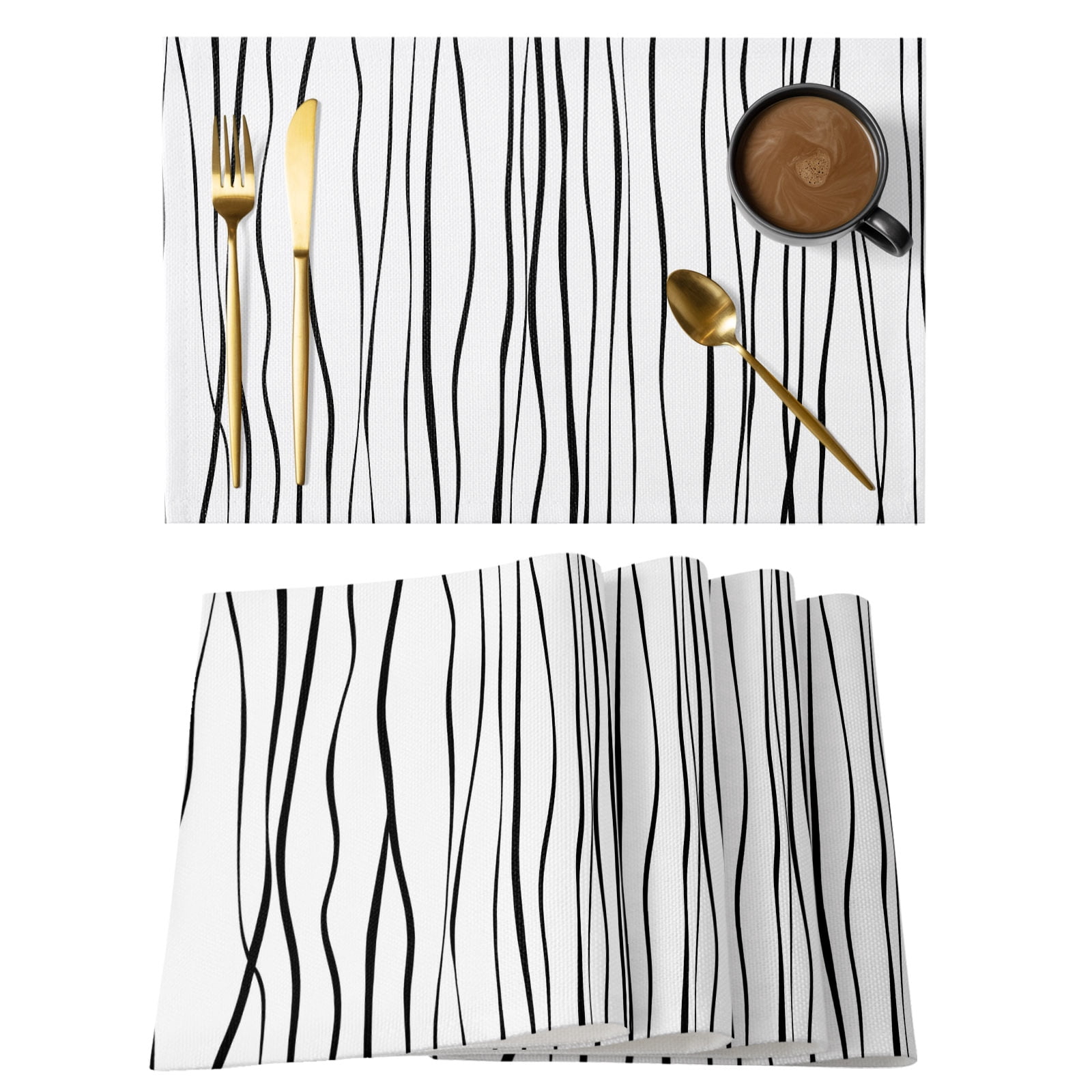 Black Wave Lines Cotton Linen Placemats Set of 4, Art Minimalist ...