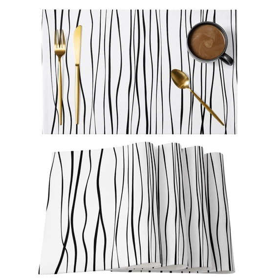 Black Wave Lines Cotton Linen Placemats Set of 6, Art Minimalist ...