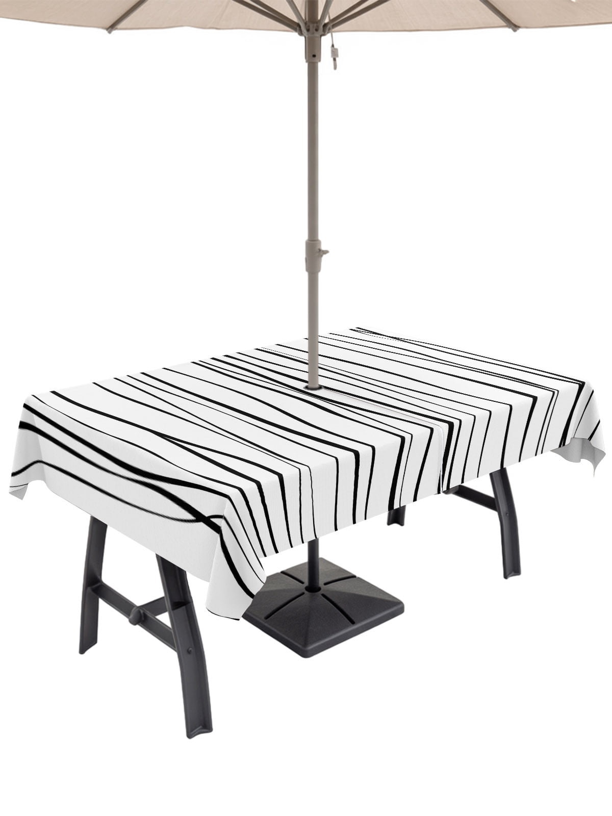 Black Wave Lines Rectangle Outdoor Tablecloth with Umbrella Hole Art ...