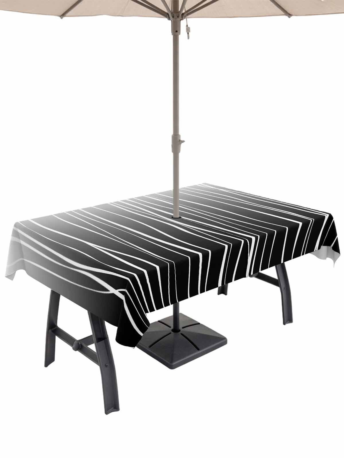 Black Wave Lines Rectangle Outdoor Tablecloth with Umbrella Hole ...