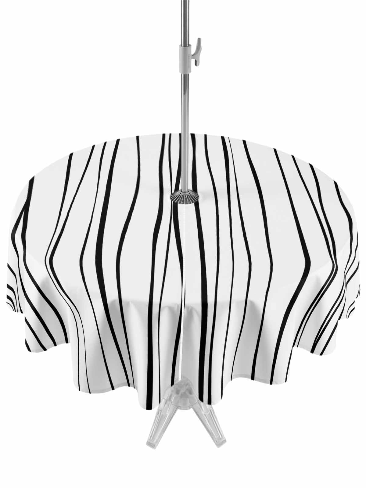Black Wave Lines Round Outdoor Tablecloth with Umbrella Hole Art ...