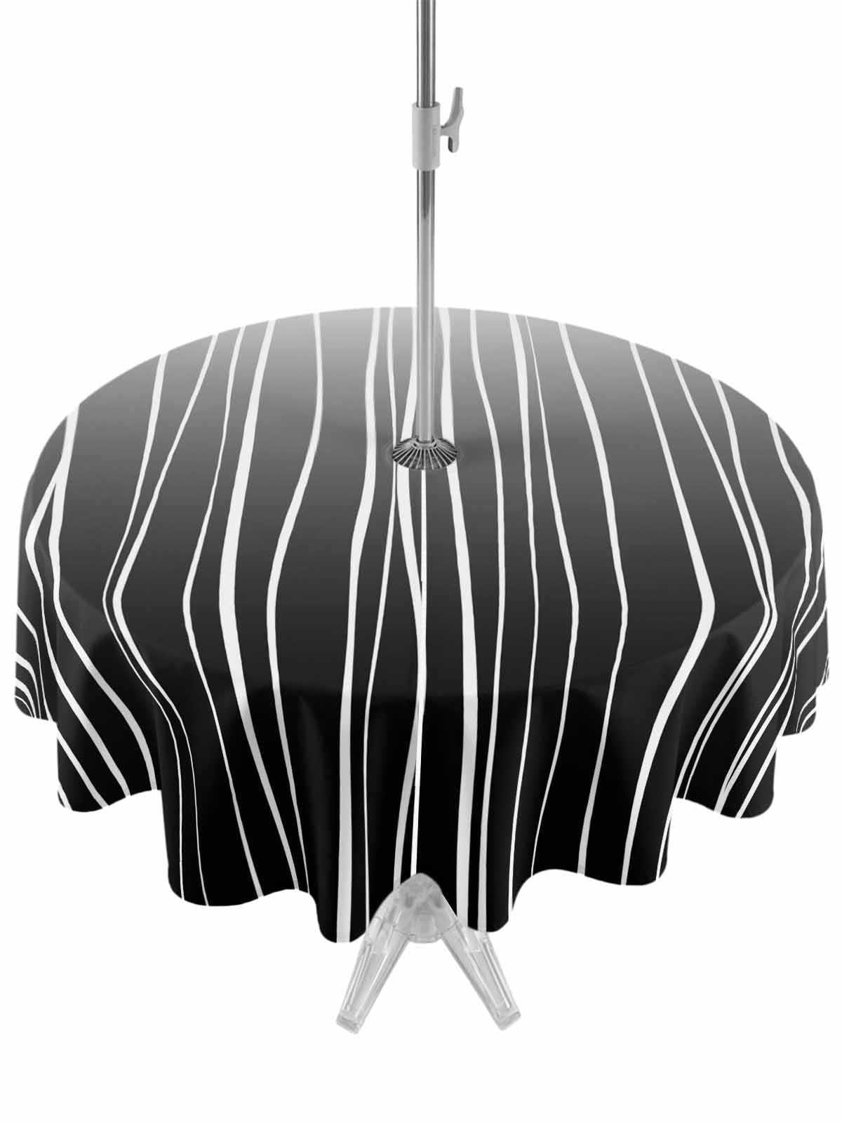 Black Wave Lines Round Outdoor Tablecloth with Umbrella Hole Gradient ...