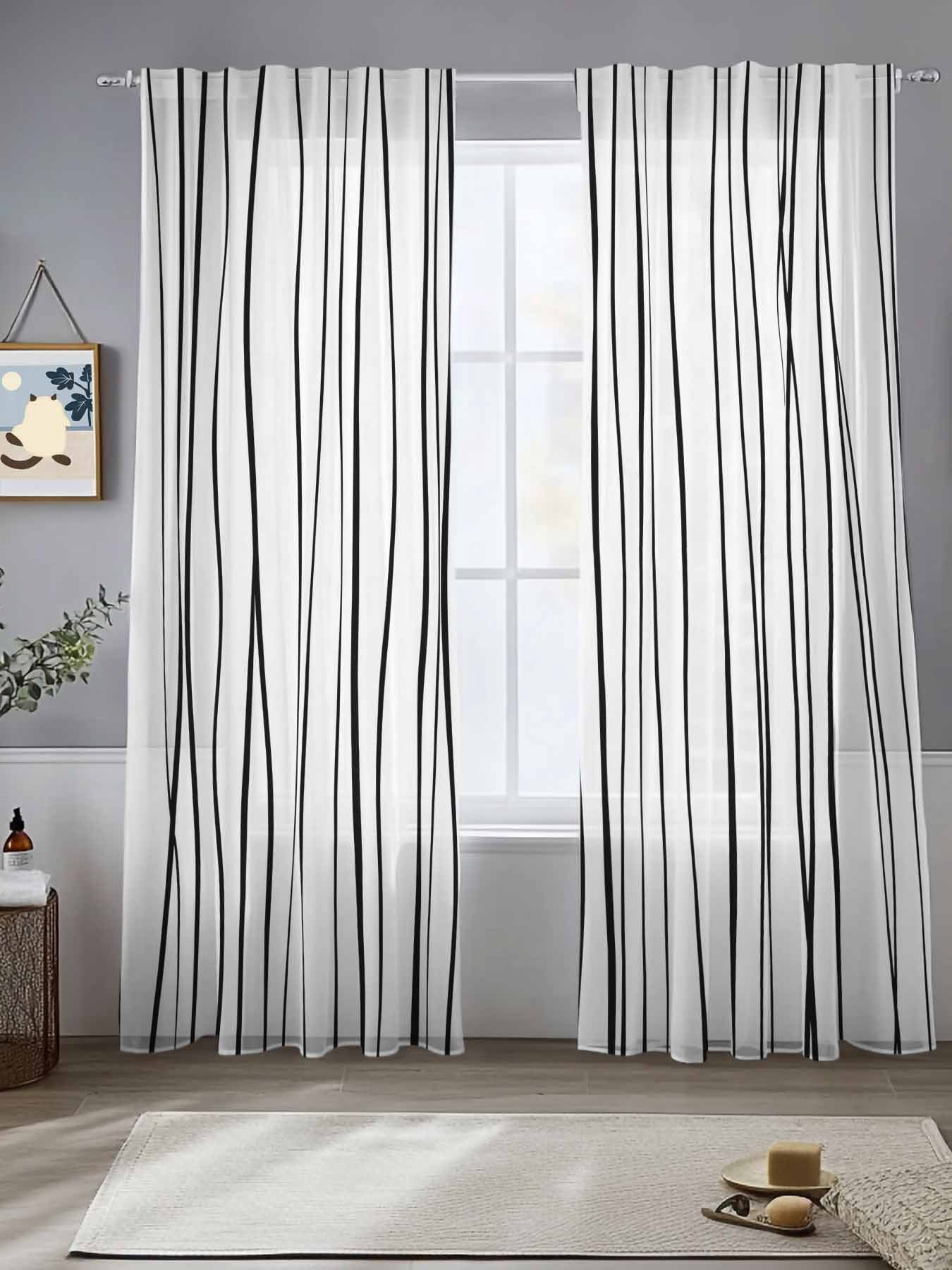 Black Wave Lines Sheer Curtains 108 Inches Long 2 Panels Art Minimalist ...