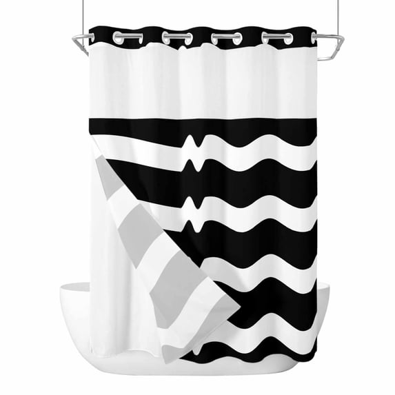 Black Wavy No Hook Shower Curtain with Snap in Liner, Stripes ...