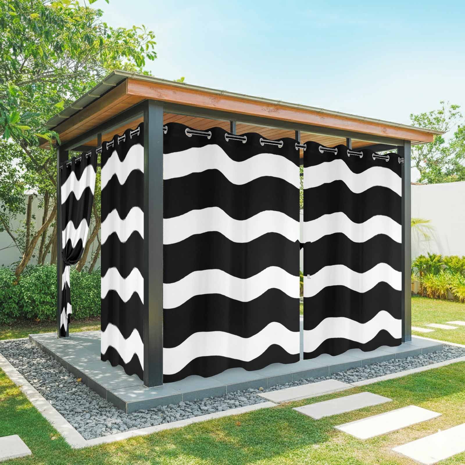 Black Wavy Outdoor Curtains for Patio, Stripes Waterproof Outside ...