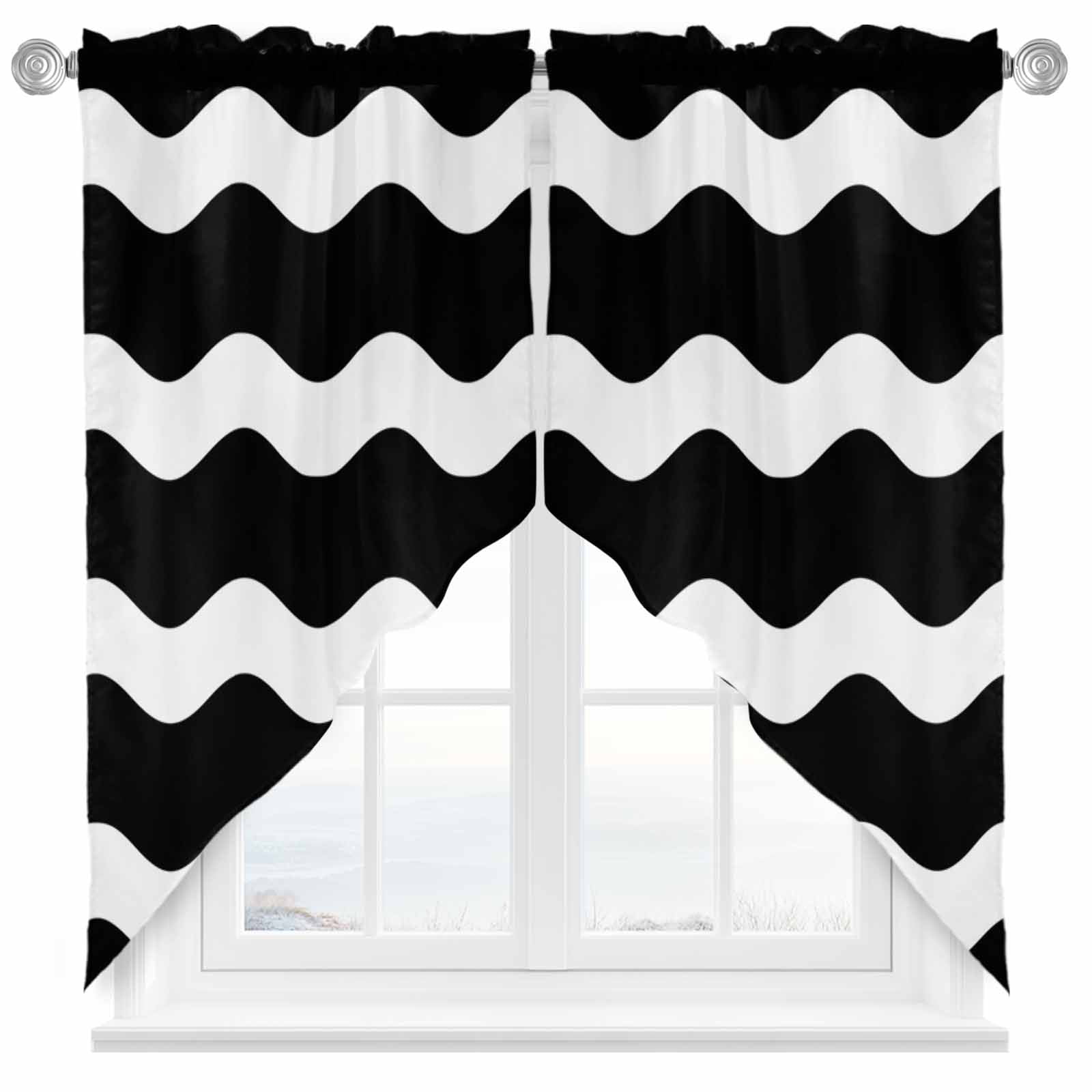 Black Wavy Swag Valances for Windows 2 Pack Stripes Swag Kitchen ...