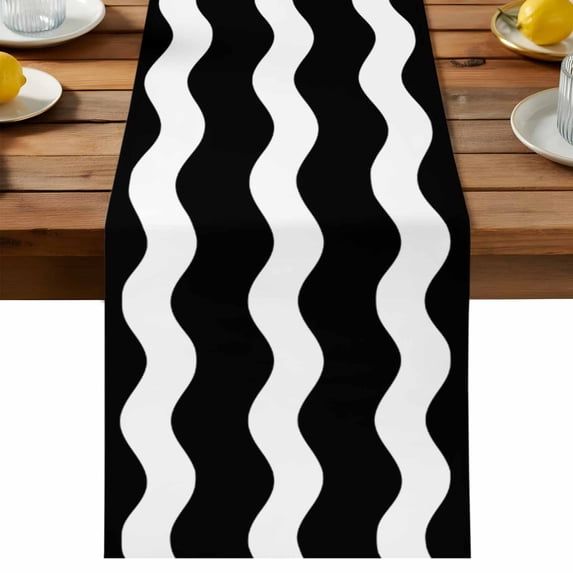 Black Wavy Table Runner, Stripes Cotton Linen Table Cloth, Tablerunner ...