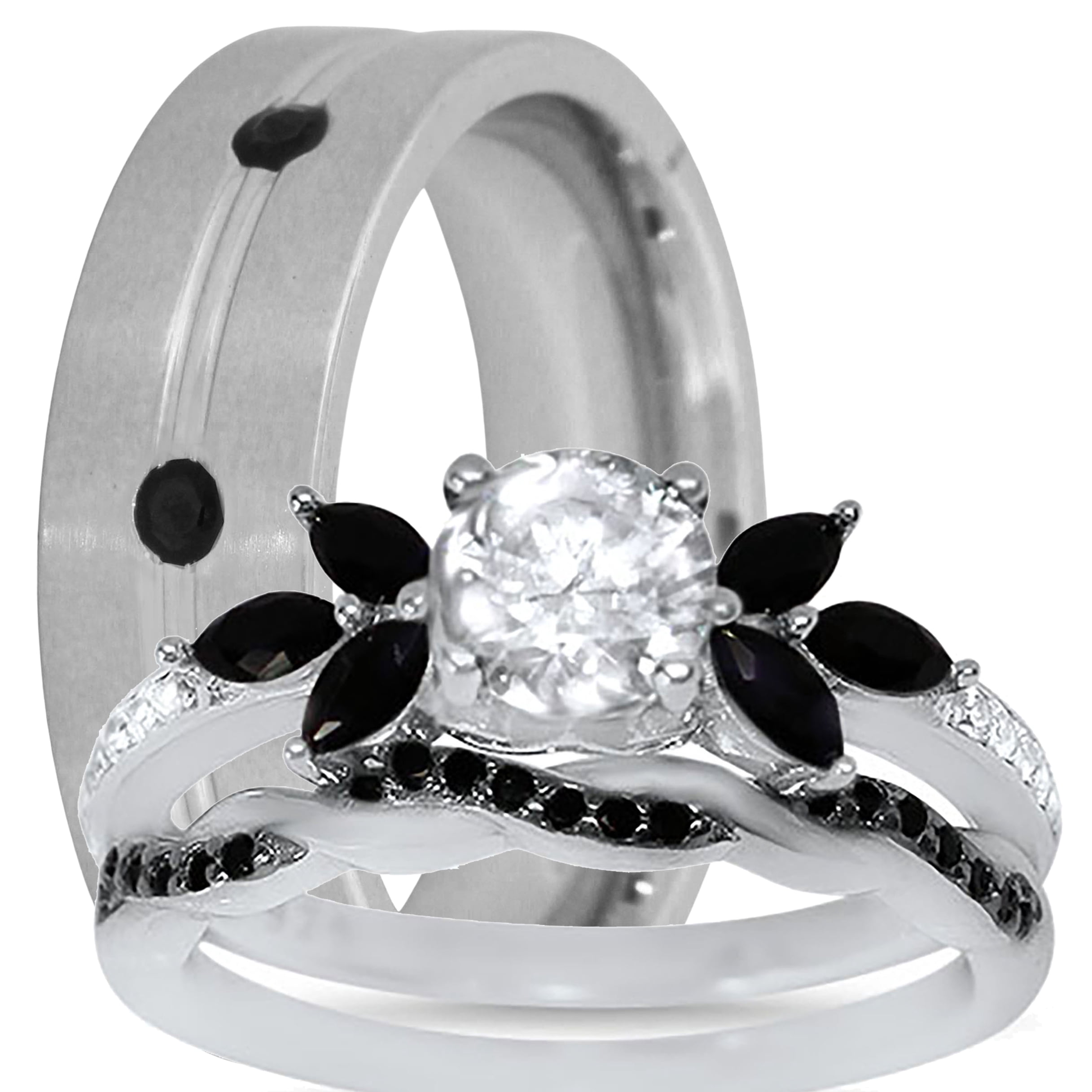 Black Wedding Ring Set His Hers CZ Engagement Couples Rings for Bride ...