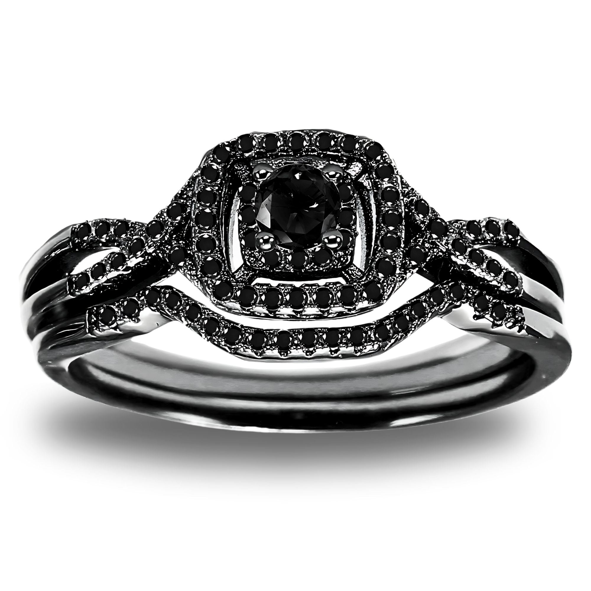 Black Wedding Ring Set for Women CZ Halo Black Sterling Slver Engagement Ring Ginger Lyne ...