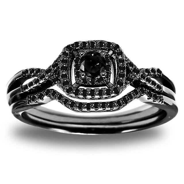 Black Wedding Ring Set for Women CZ Halo Black Sterling Slver ...