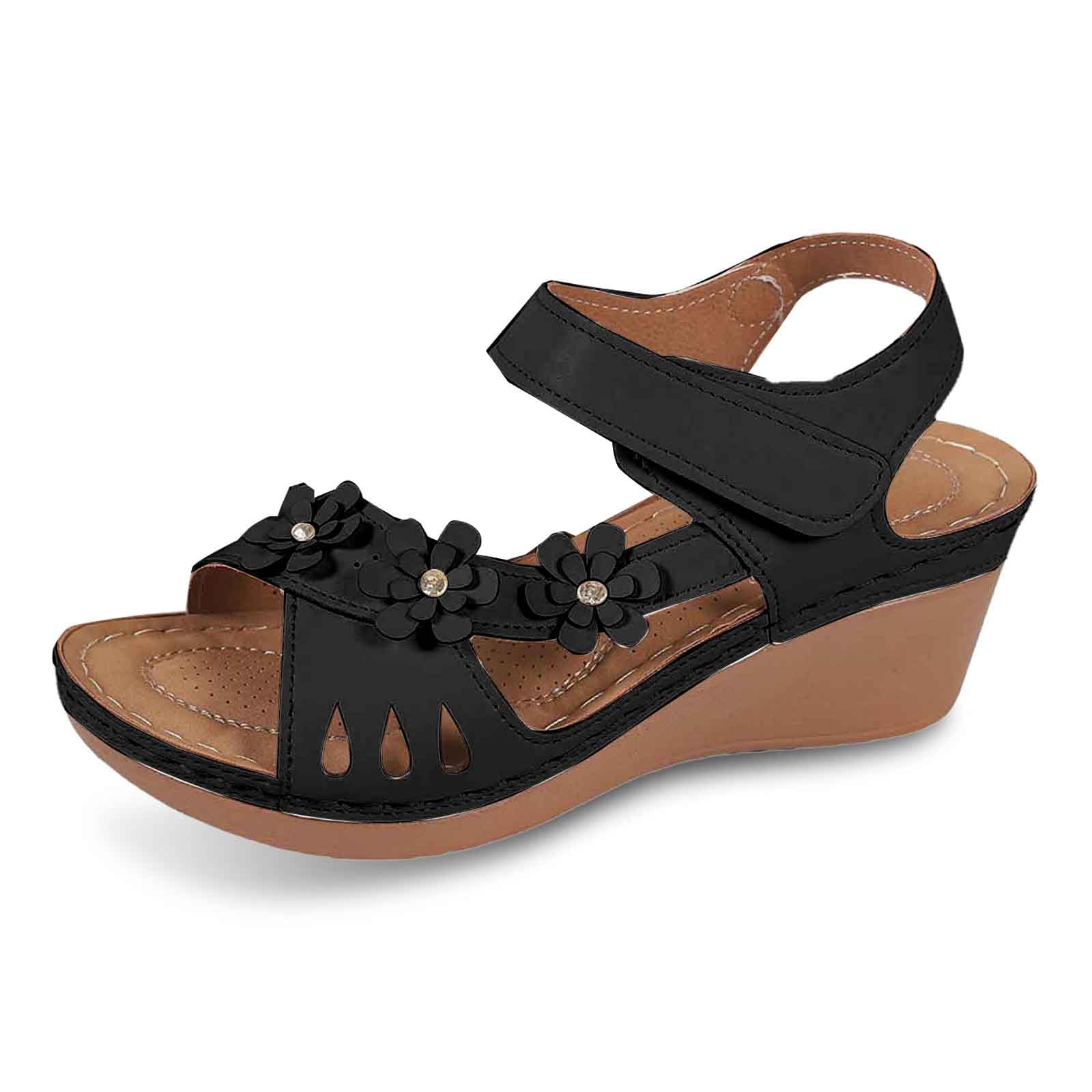 Black Wedges Sandals Women Relaxed Fit Lightweight Wide Width Low Wedge ...