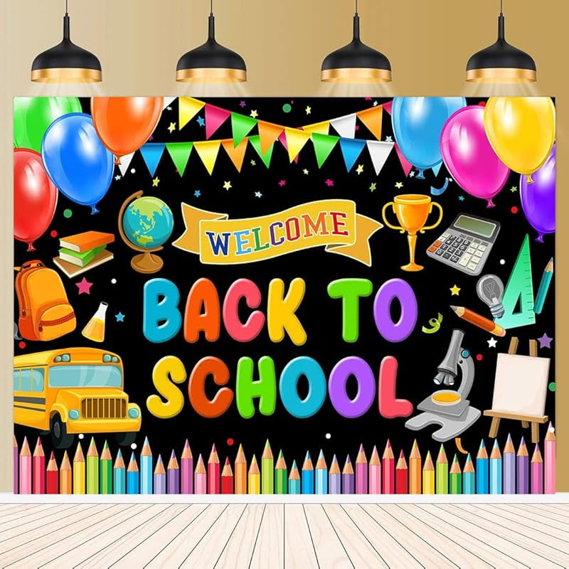 Black Welcome Back to School Backdrop, School Bus Backdrop Decorations ...