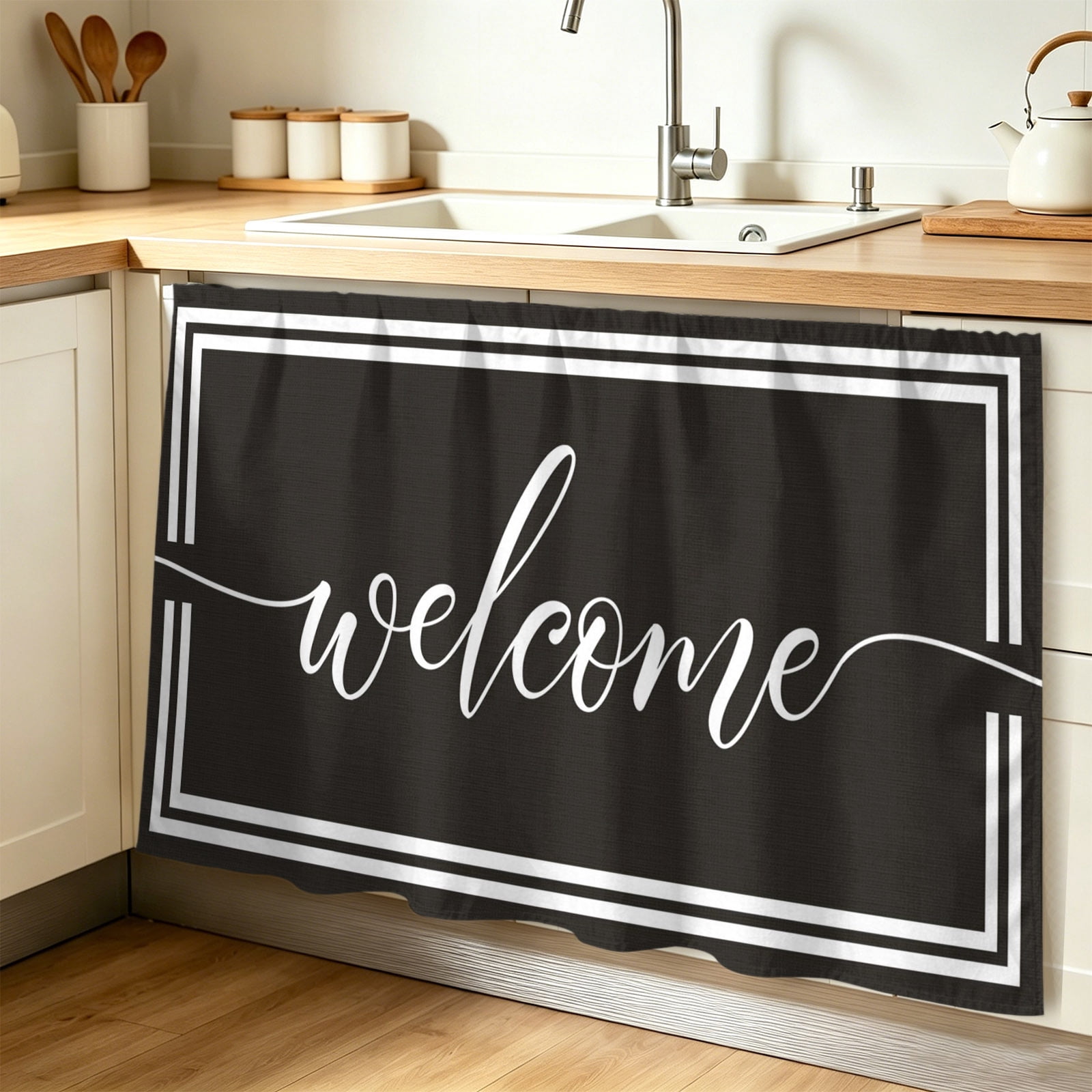 Black Welcome Cabinet Curtain 28"W x 51"L, Modern Minimalist White ...