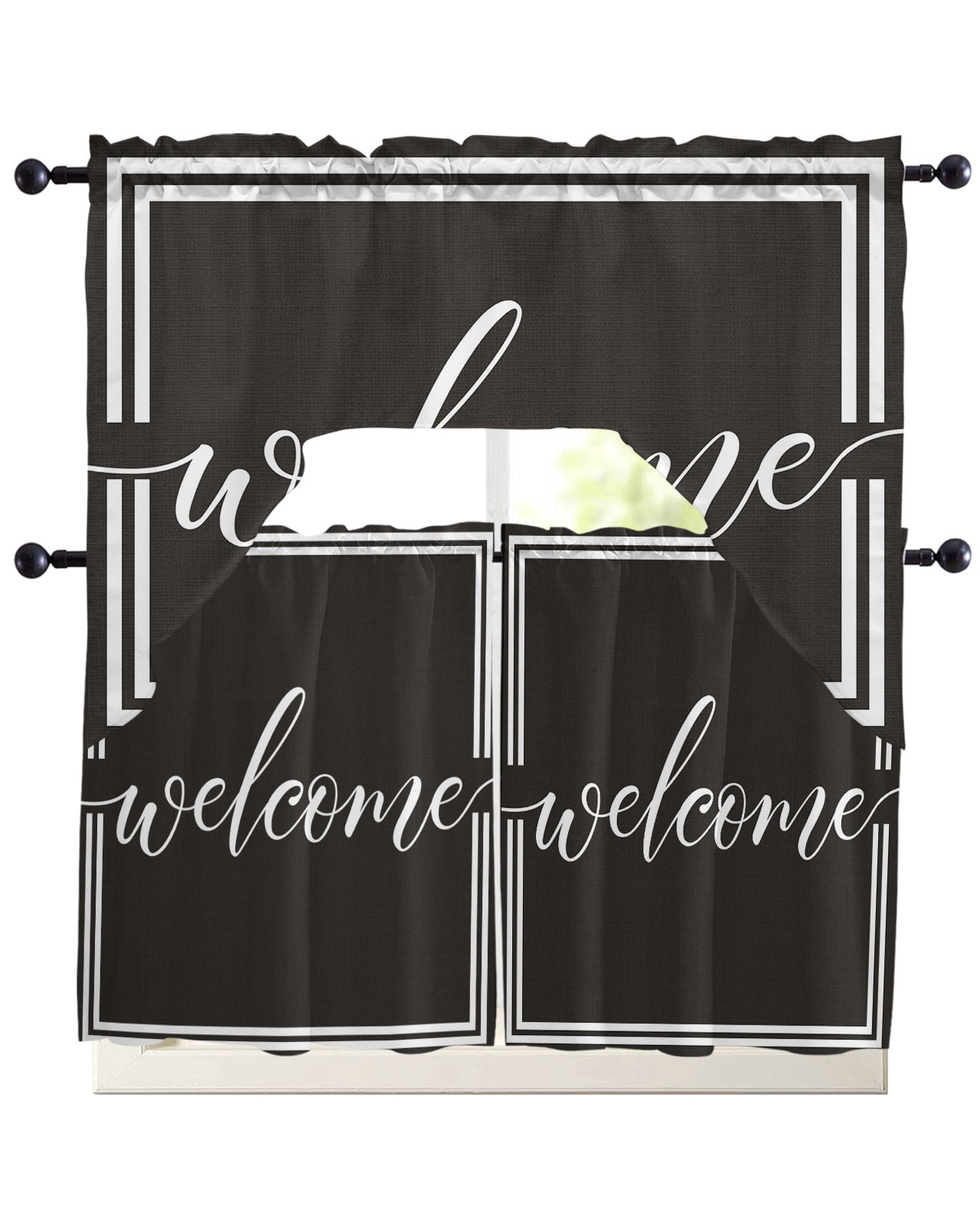 Black Welcome Kitchen Curtains Set for Windows 3 Piece Cafe Curtains 36 ...