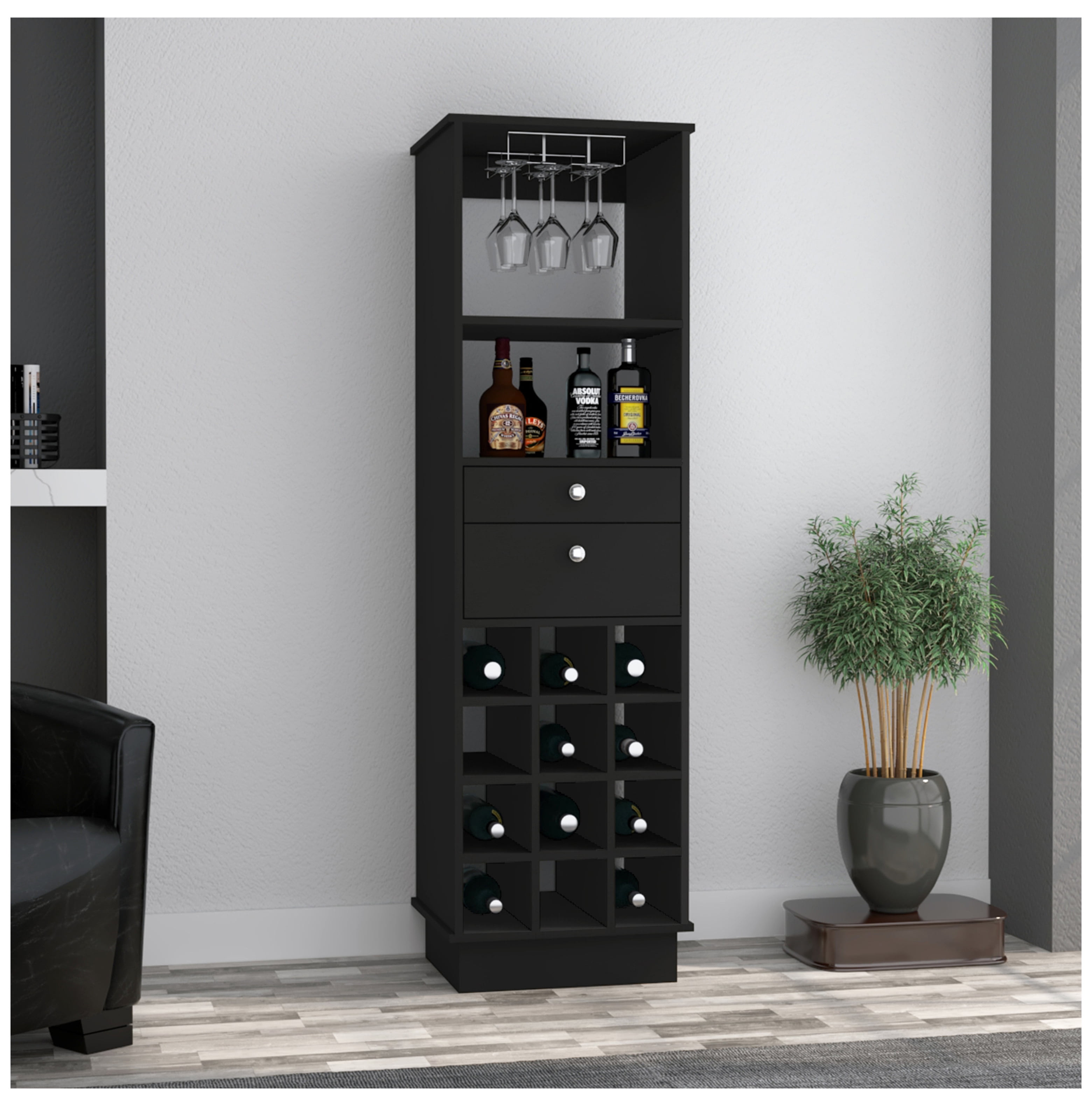 Black Wengue 12-Bottle 2-Drawer 1-Shelf Bar Cabinet Black + Particle ...