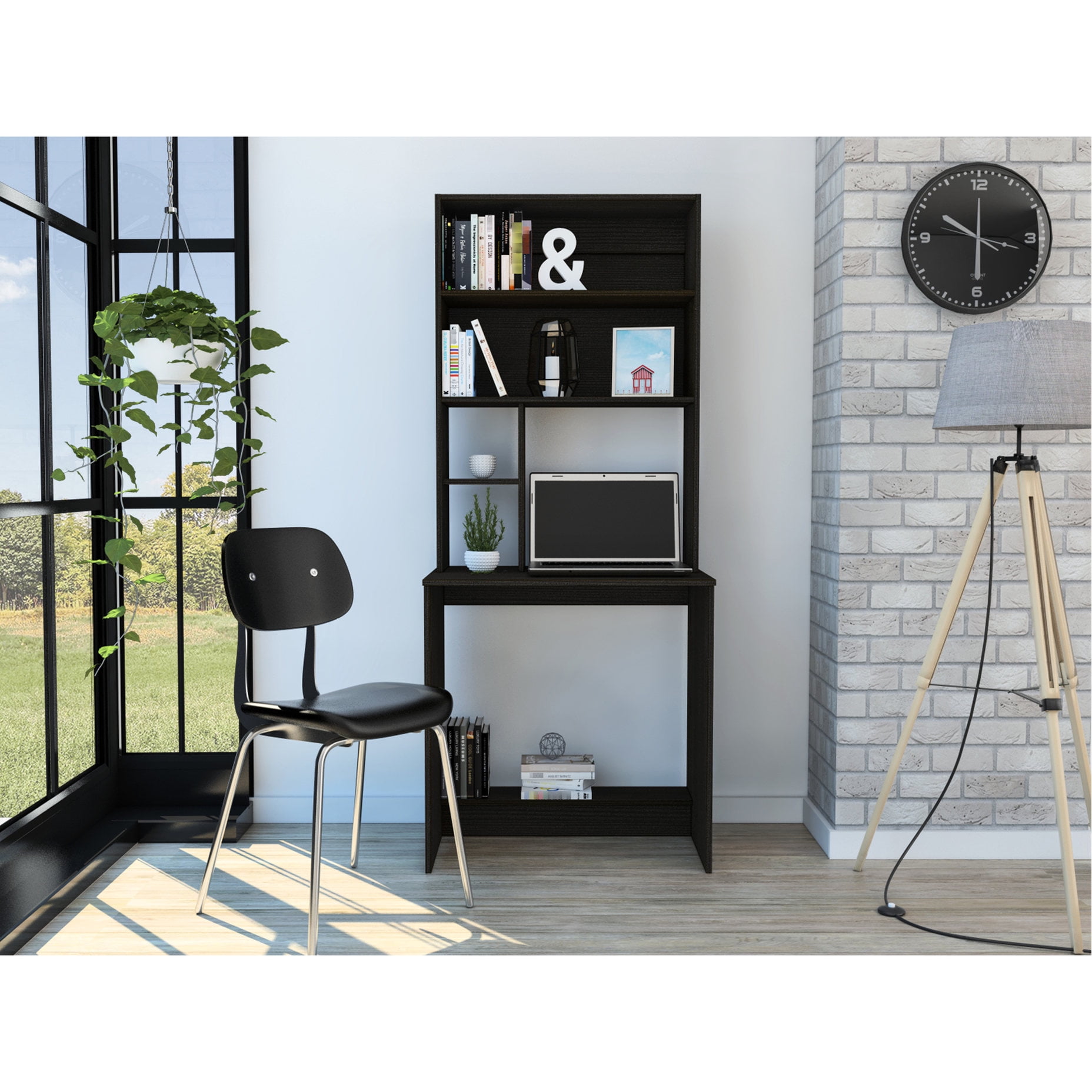Black Wengue Computer Desk with 4 Shelves and Hutch for Neat and ...