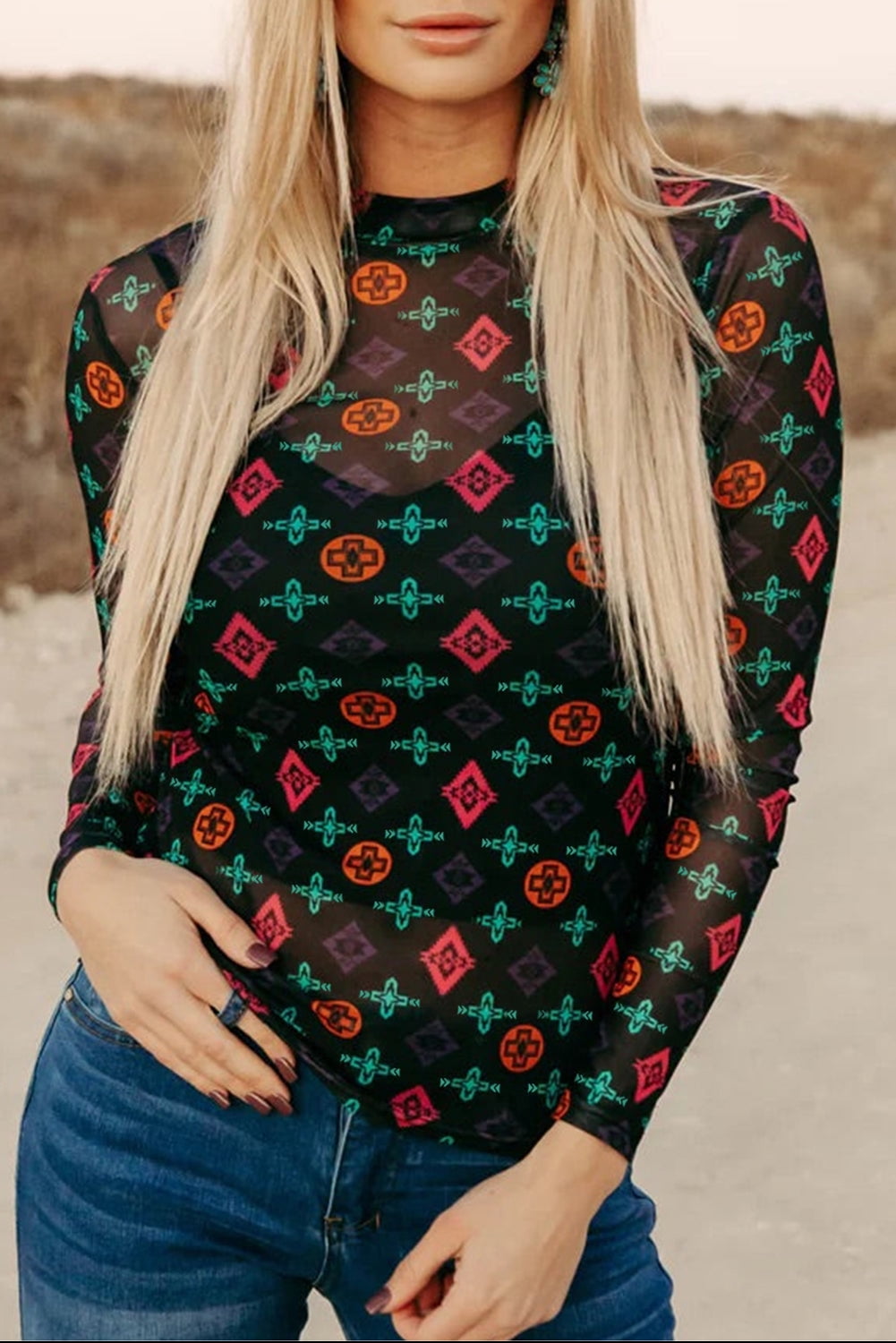 Black Western Aztec Printed Long Sleeve Mesh Top - Walmart.com