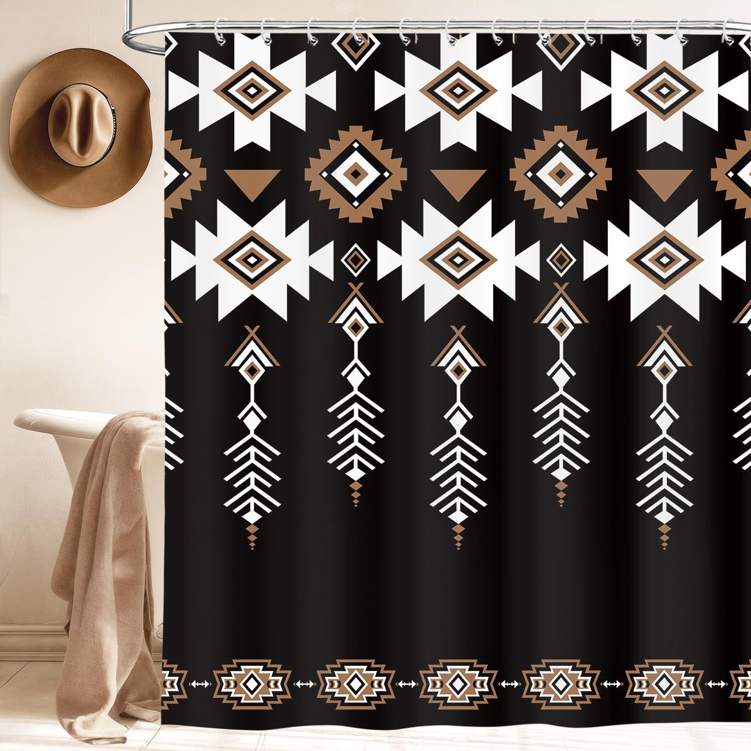 Black Western Aztec Shower Curtain, Vintage Abstract Geometric Cowboy ...
