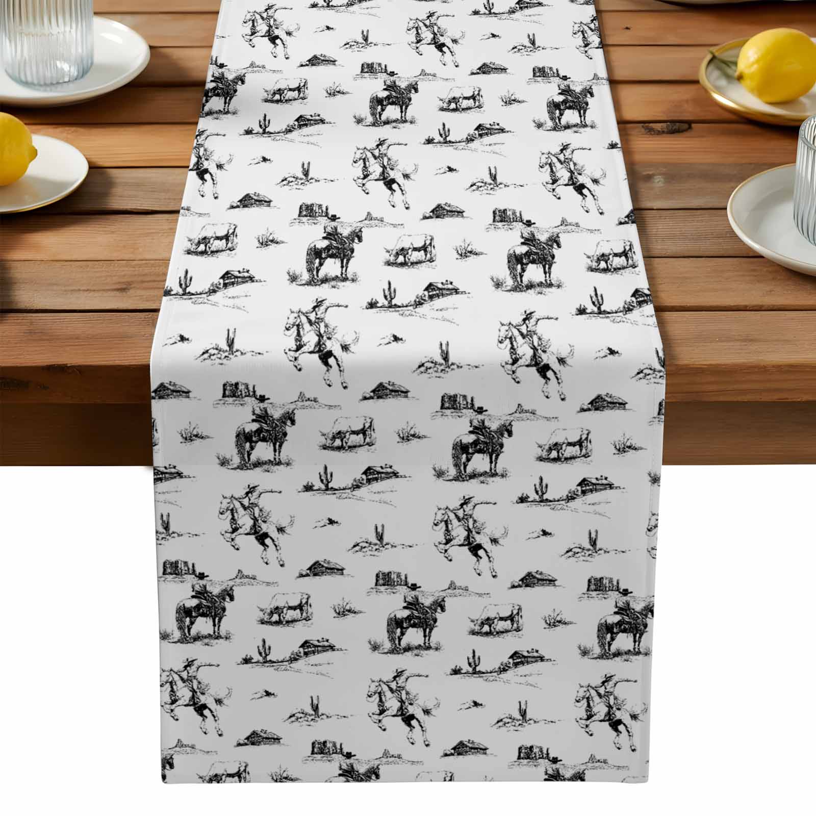 Black Western Cowboy Cotton Linen Table Runner for Dining Kitchen ...