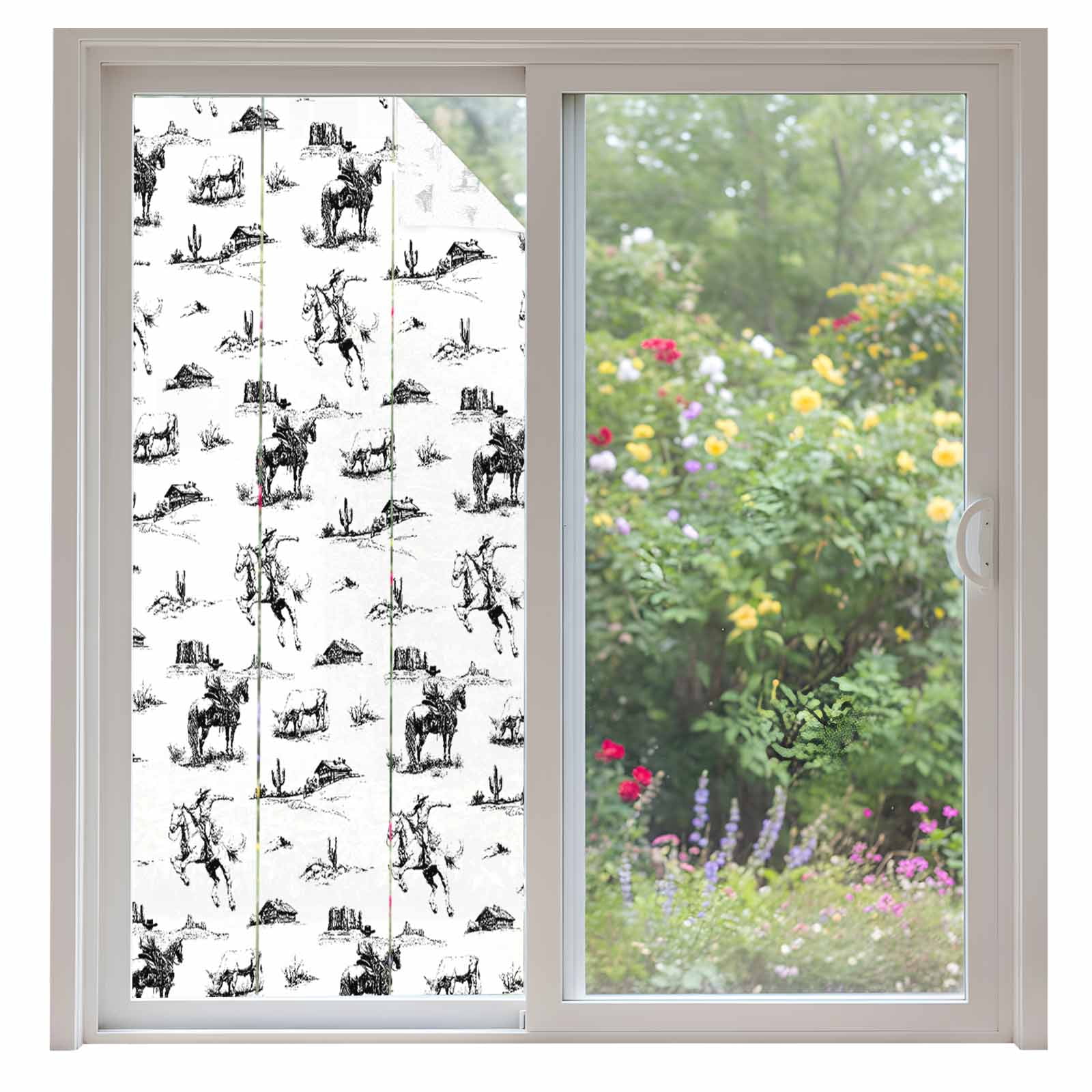 Black Western Cowboy Window Privacy Film, Vintage Horse Cactus Ethnic ...