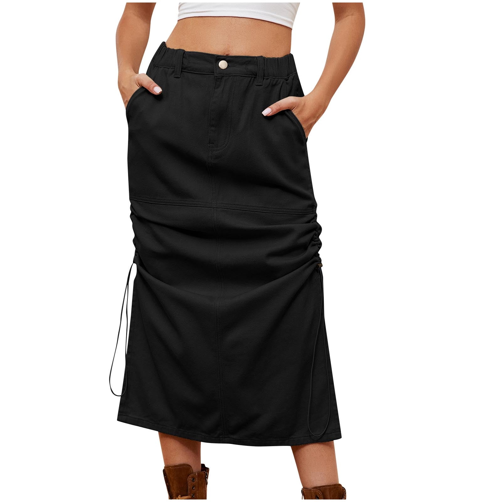 Black Western Plain Casual for Ladies Denim Long Midi Knee High Skirt ...
