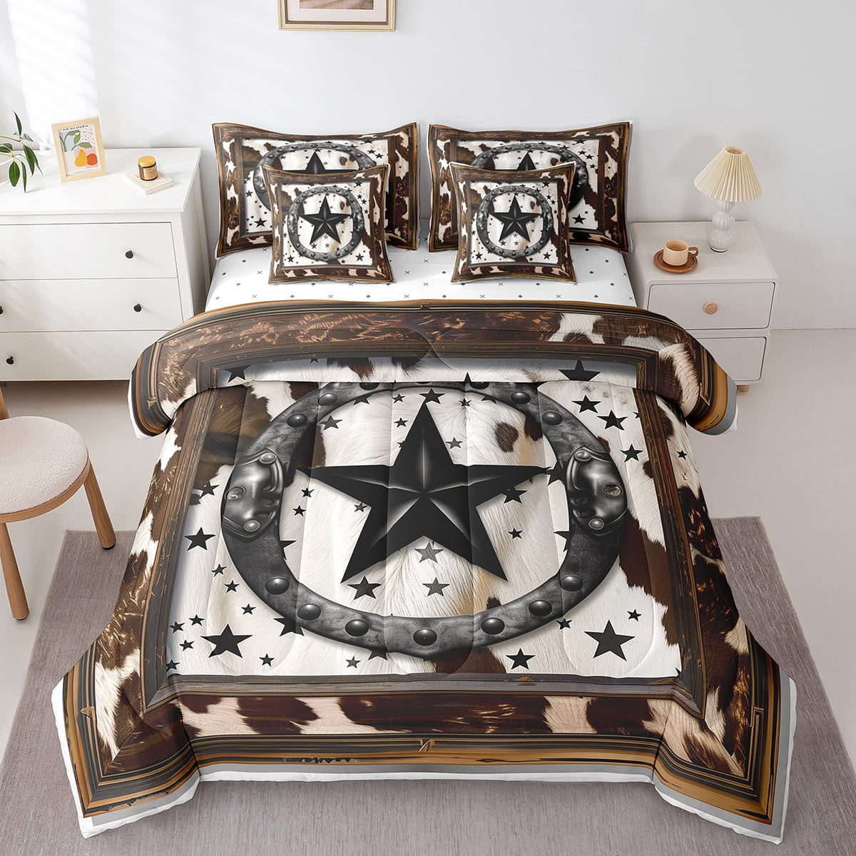 Black Western Texas Star Bed in a Bag 7 Piece,Bull Cattle Cow Print ...
