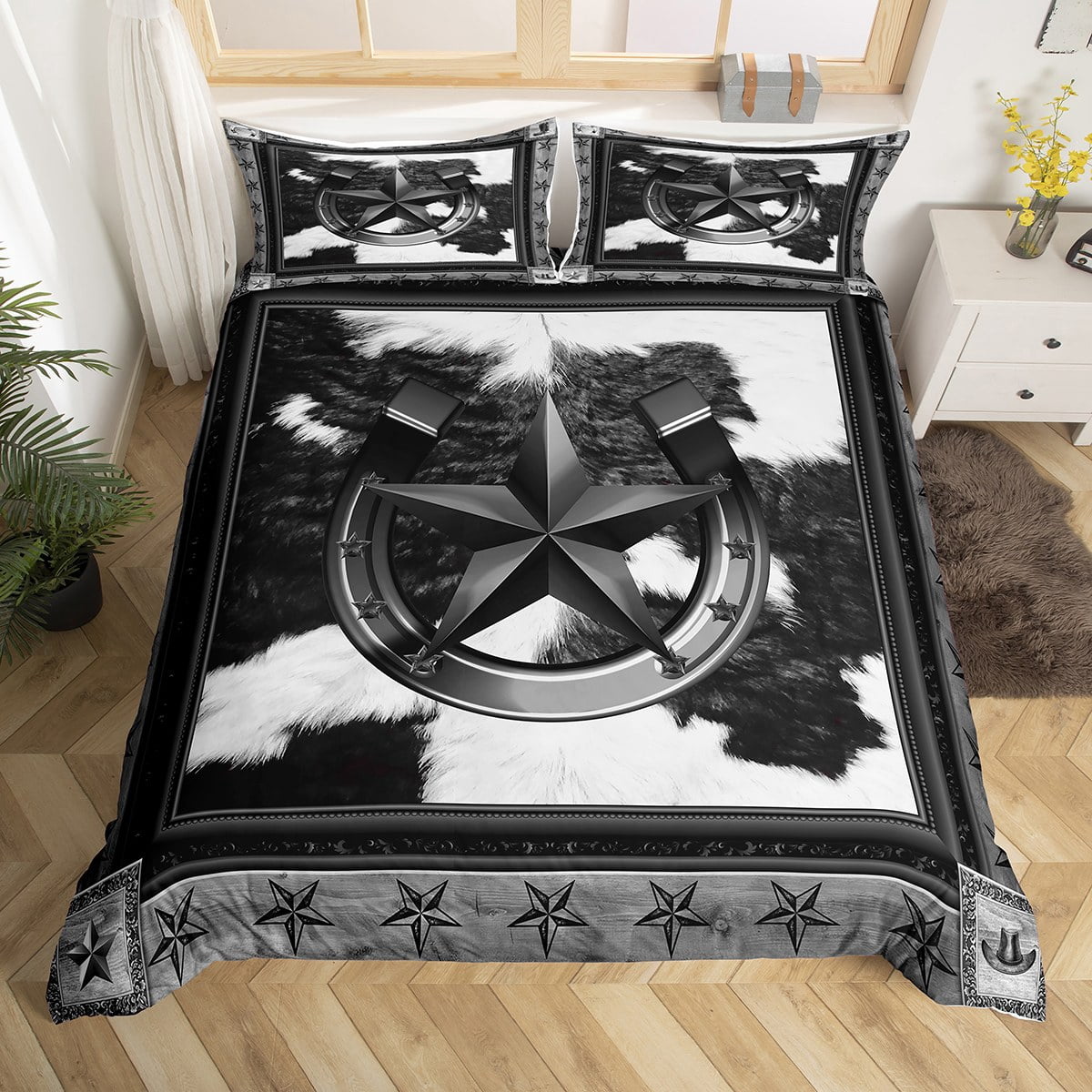 Black Western Texas Star Duvet Cover American Horseshoe Cowhide Bedding ...