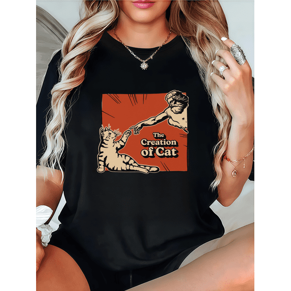 Black Whimsical Cat Creation Design Print Tshirt S-5XL Daily Wear Graphic Tees Shirts Tops ...